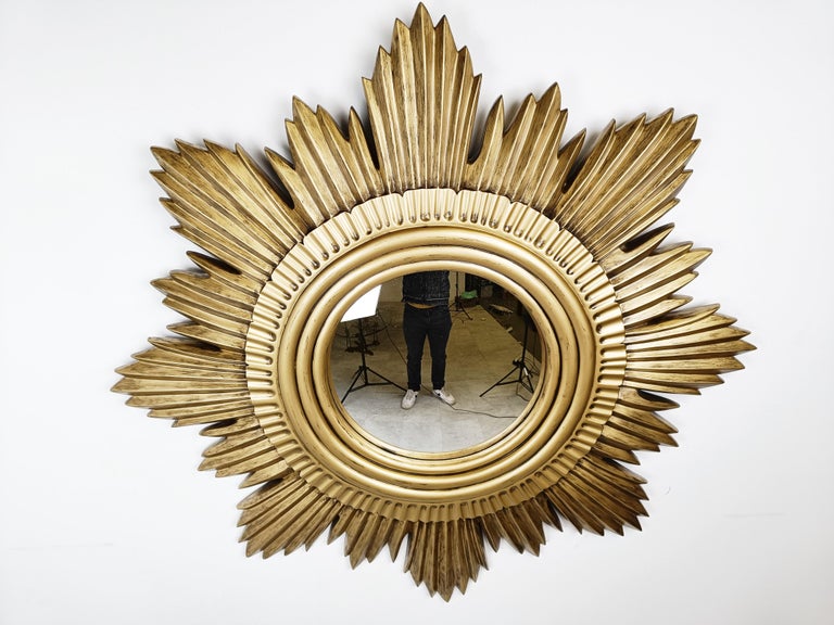 Extra Large Vintage Golden Sunburst Mirror, 1960s For Sale at 1stDibs