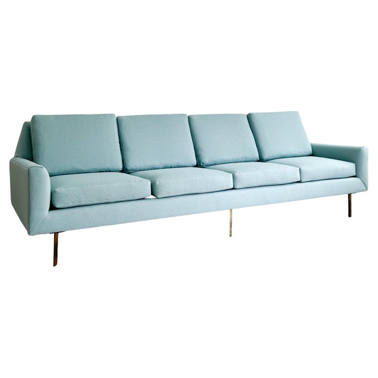 Extra Long Mid-Century Modern Sofa with Curved Back and Brass Legs For ...