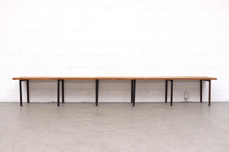Extra Long Slat Wooden Bench with Enameled Metal Legs at 1stDibs