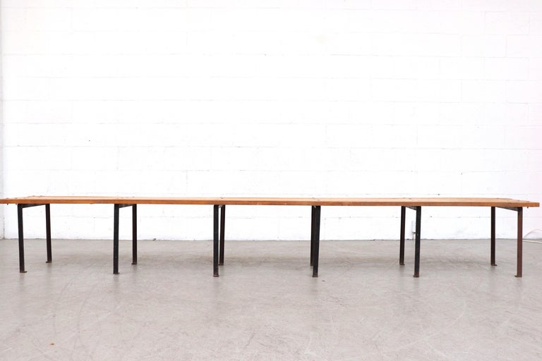 Extra Long Slat Wooden Bench with Enameled Metal Legs at 1stDibs