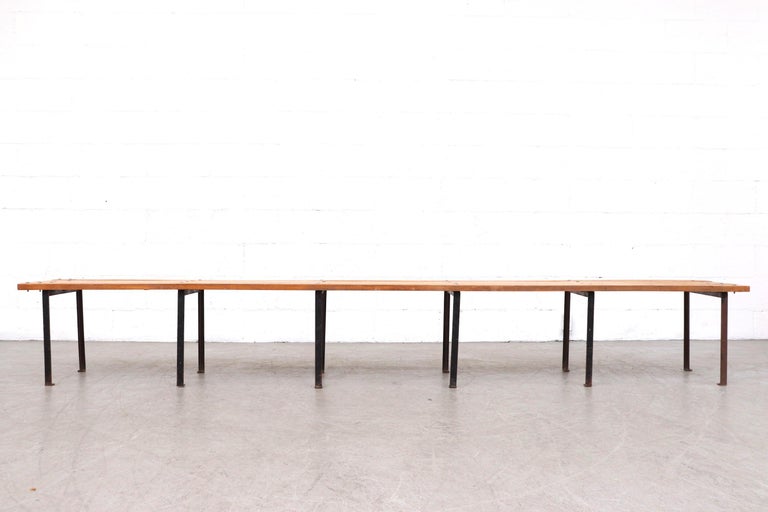 Extra Long Slat Wooden Bench with Enameled Metal Legs at 1stDibs