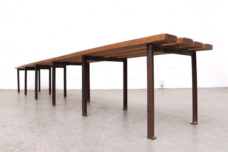 Extra Long Slat Wooden Bench with Enameled Metal Legs at 1stDibs