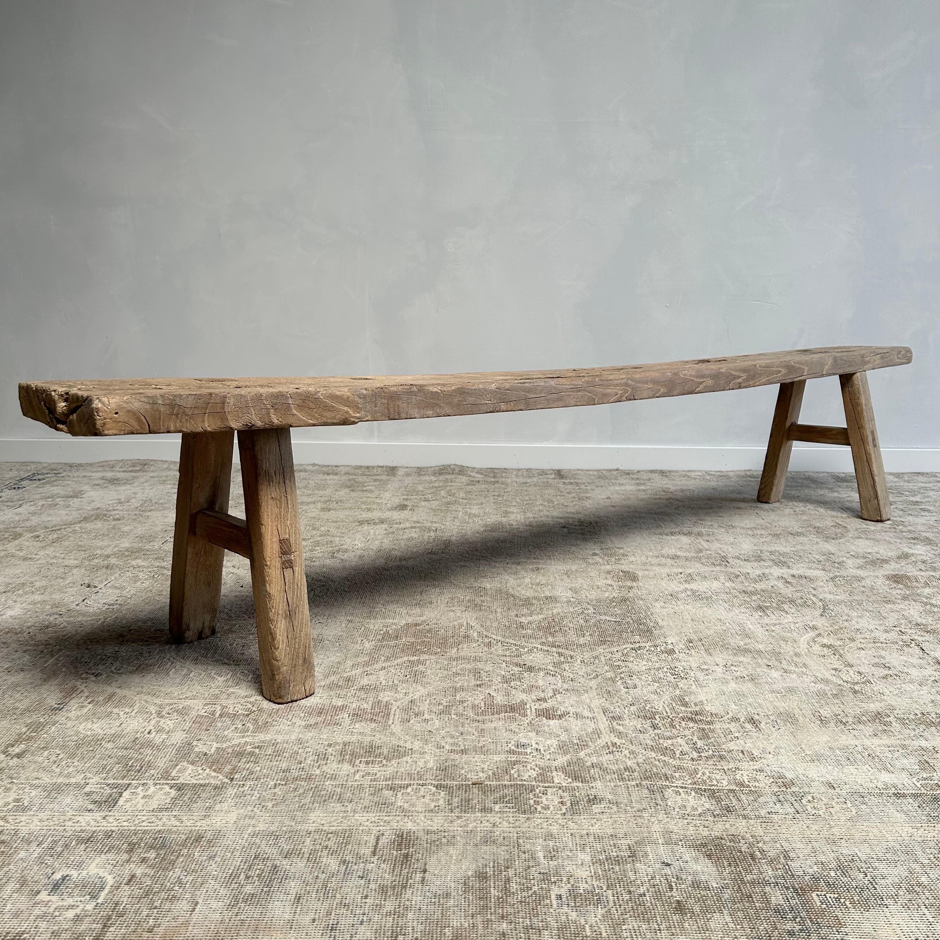 Extra Long Vintage Elm Wood Bench Wide at 1stDibs