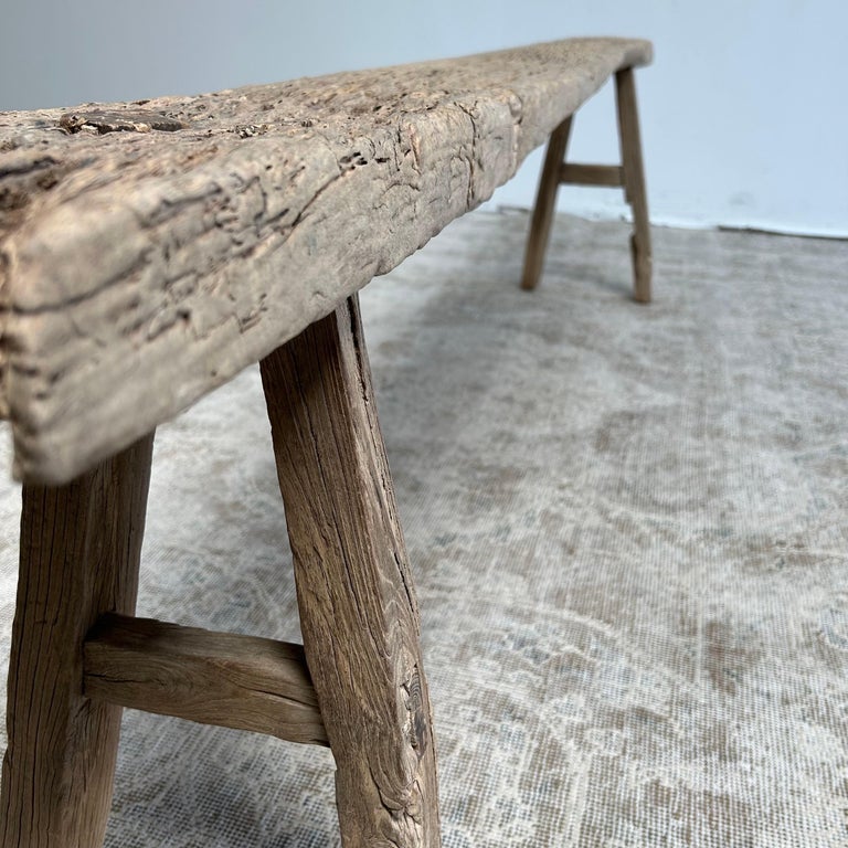 Extra Long Vintage Elm Wood Skinny Bench with Aged Patina For Sale at ...