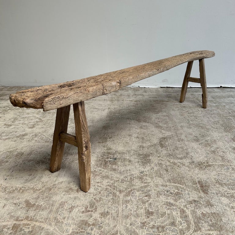 Extra Long Vintage Elm Wood Skinny Bench with Aged Patina For Sale at ...