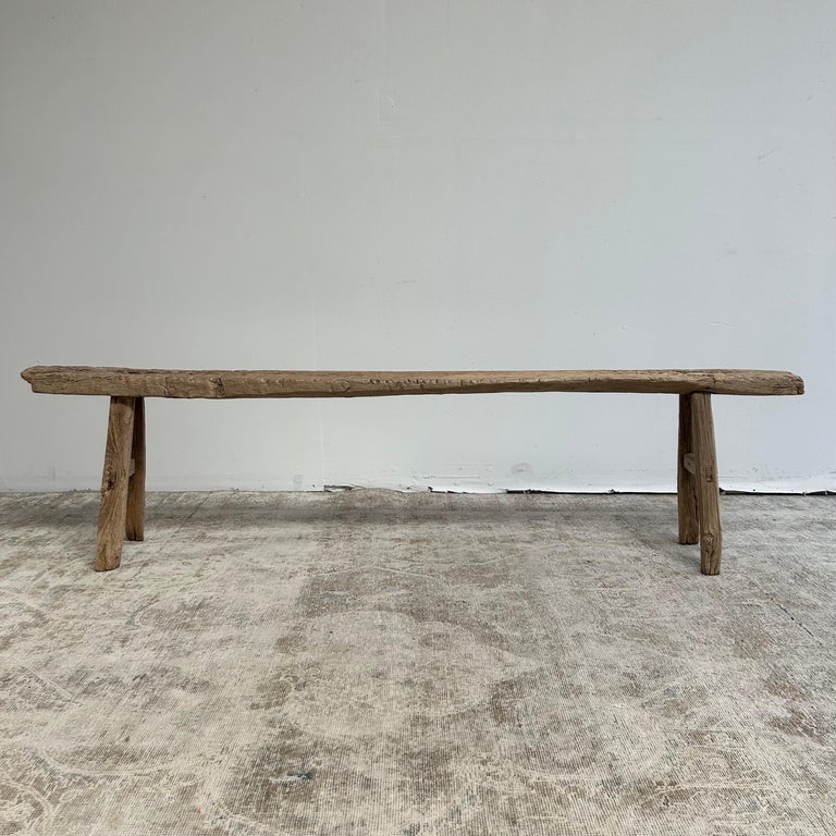 Extra Long Vintage Elm Wood Skinny Bench with Aged Patina For Sale at ...