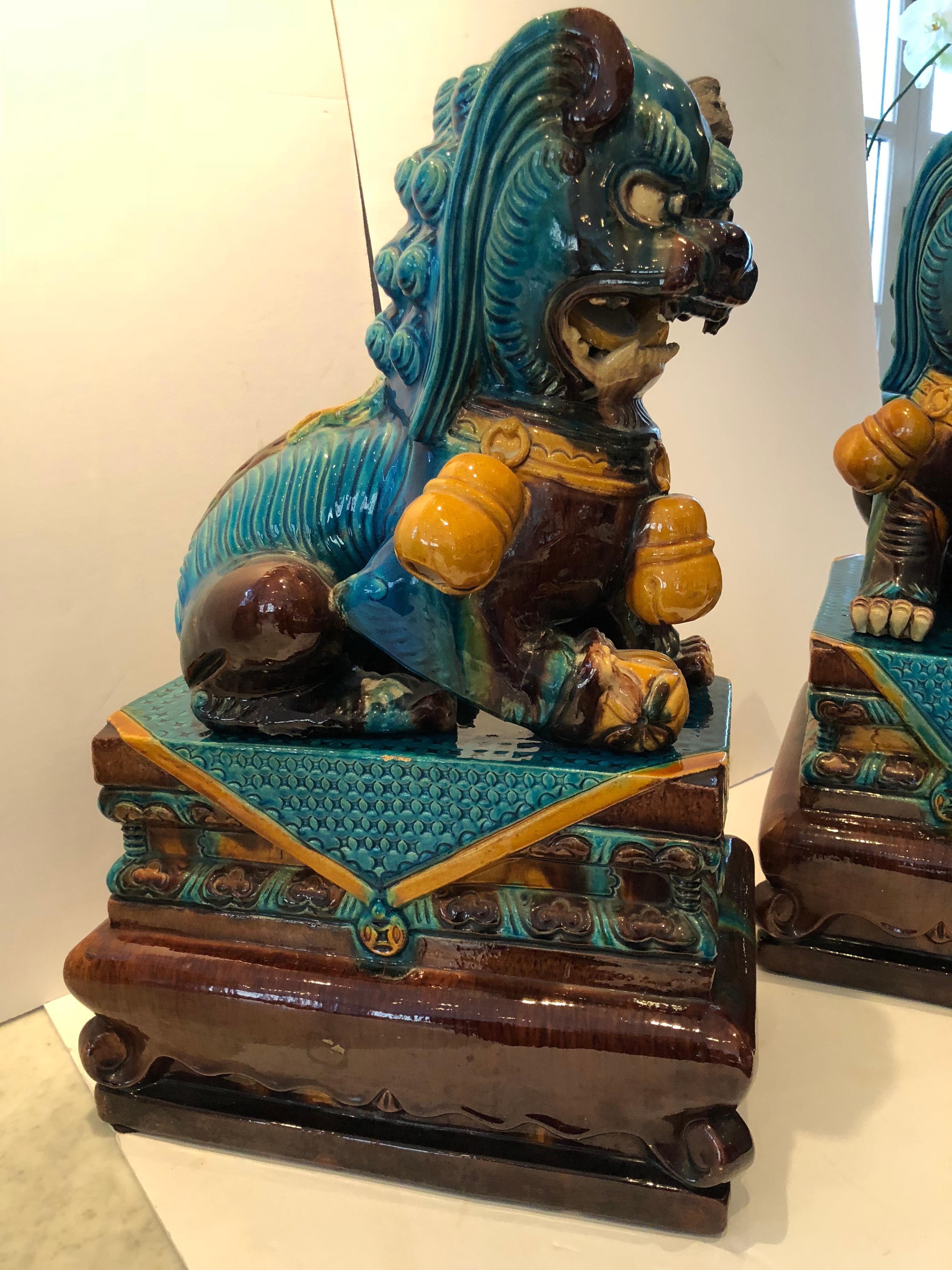 Extraordinary Pair of Chinese Foo Dogs Glazed in Turquoise and Brown at ...