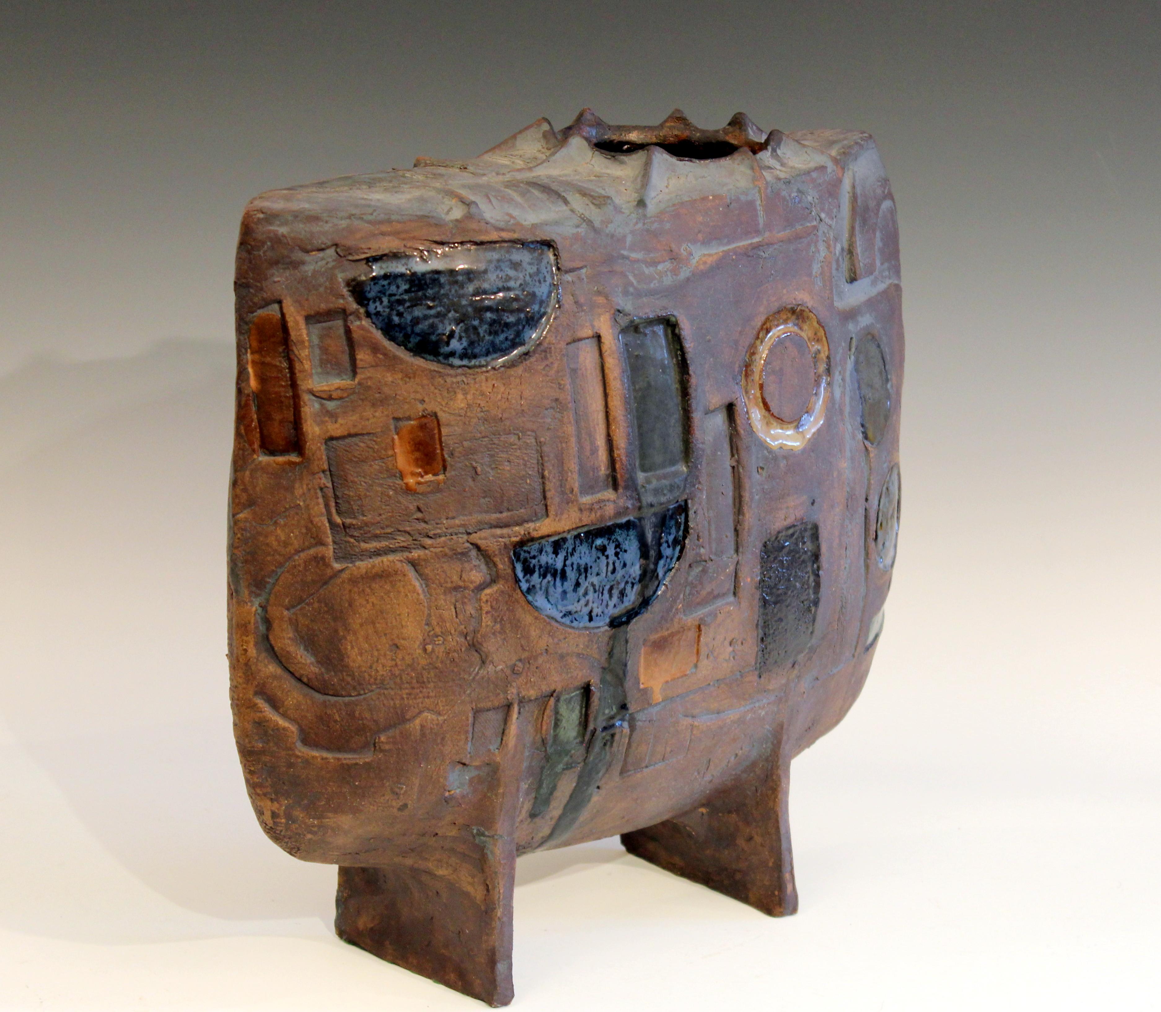 Extraordinary Studio Pottery Geometric Carved Vessel Vase Signed Large ...