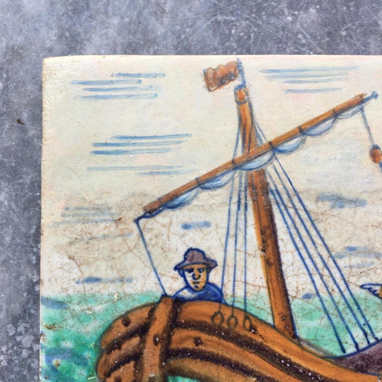 Extremely Rare Rotterdammer Tile with Two Men in a Boat, Early 17th Century For Sale at 1stDibs