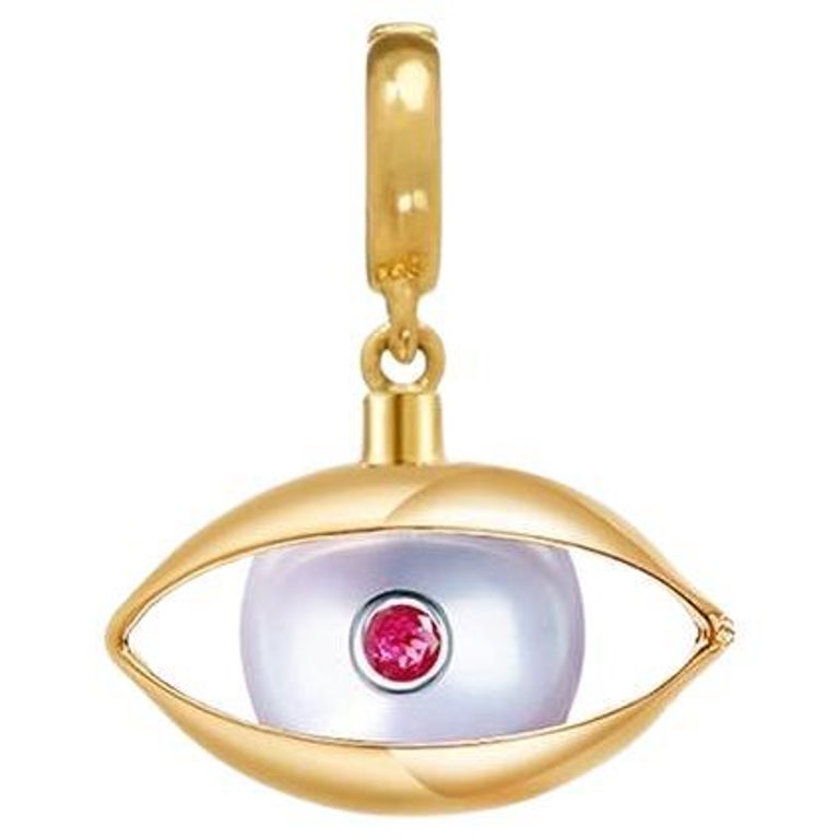 Eye Charm 18 Karat Yellow Gold Akoya Pearl Ruby Diamond For Sale at 1stDibs