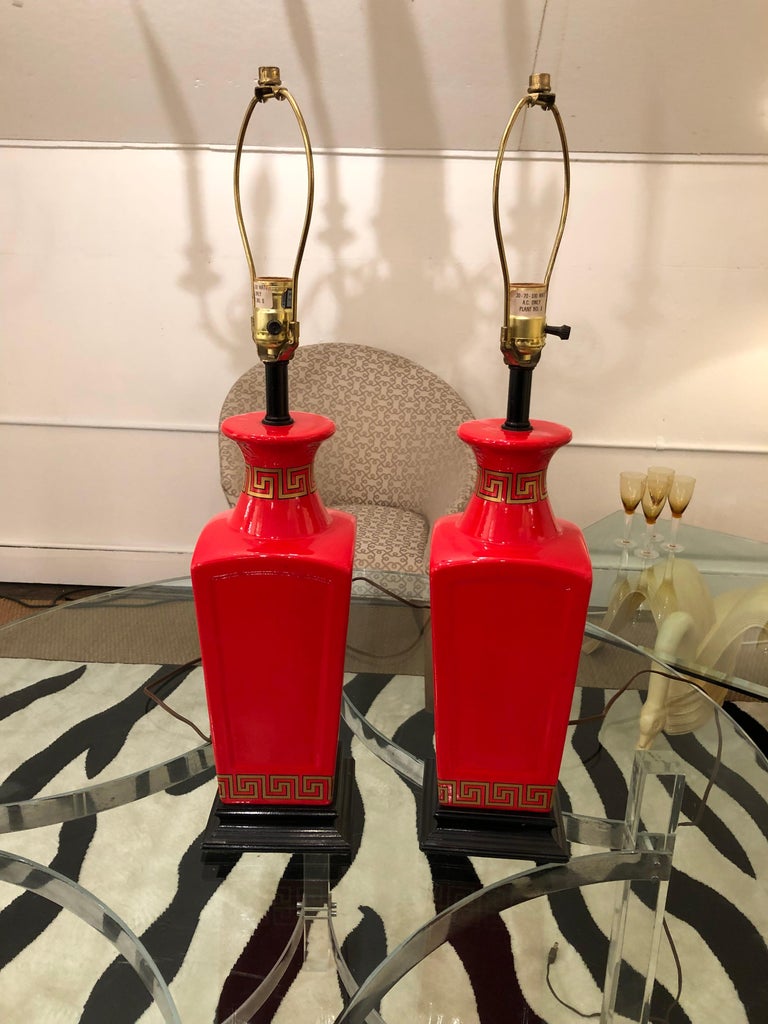Eye Popping Hollywood Regency Pair Red Gold and Black Table Lamps with ...