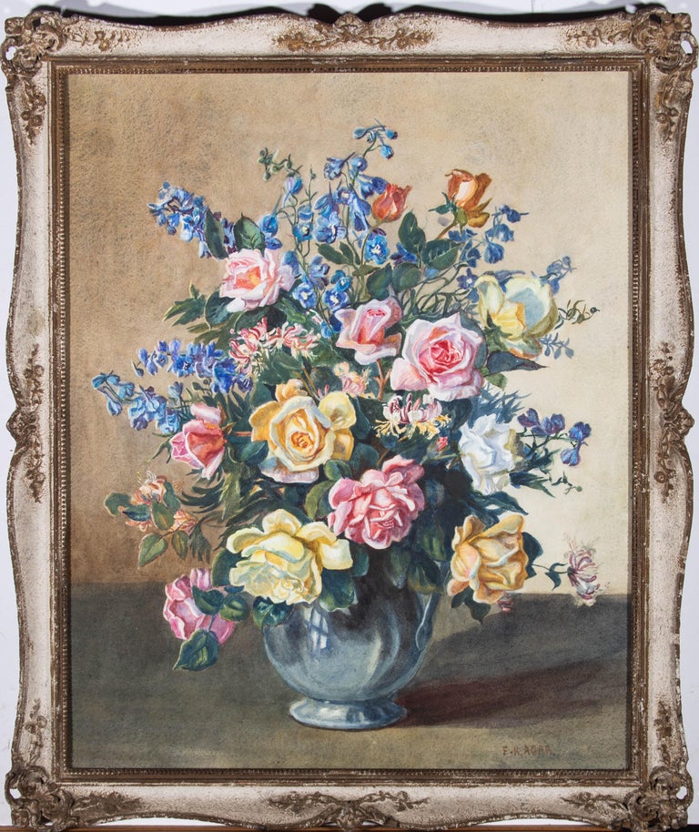 F. K. Agar - F. K. Agar - Mid 20th Century Oil, Roses and Salvia For ...