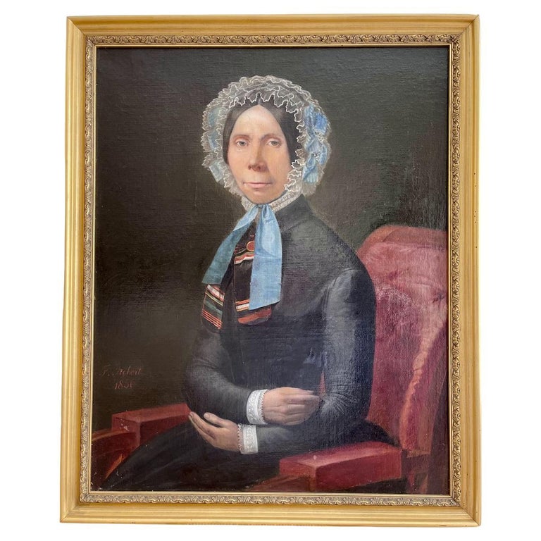 F. ROBERT, Large Portrait of à Lady, Oil on Canvas, 19th Century at 1stDibs