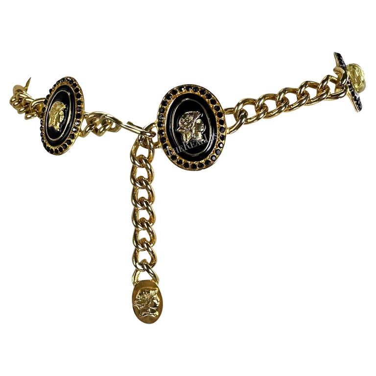 F/W 1991 Gianni Versace Gold Tone Metal Black Rhinestone Roman Motif ...