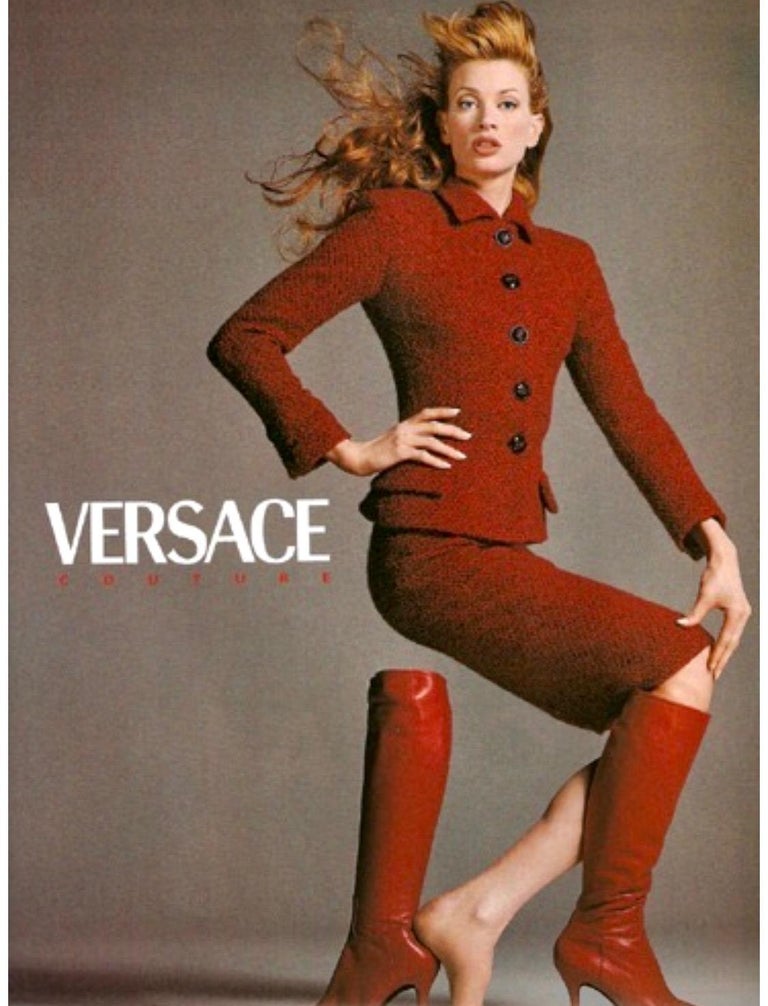 F/W 1995 Gianni Versace Couture Runway Red Bouclé Tweed Skirt Suit ...