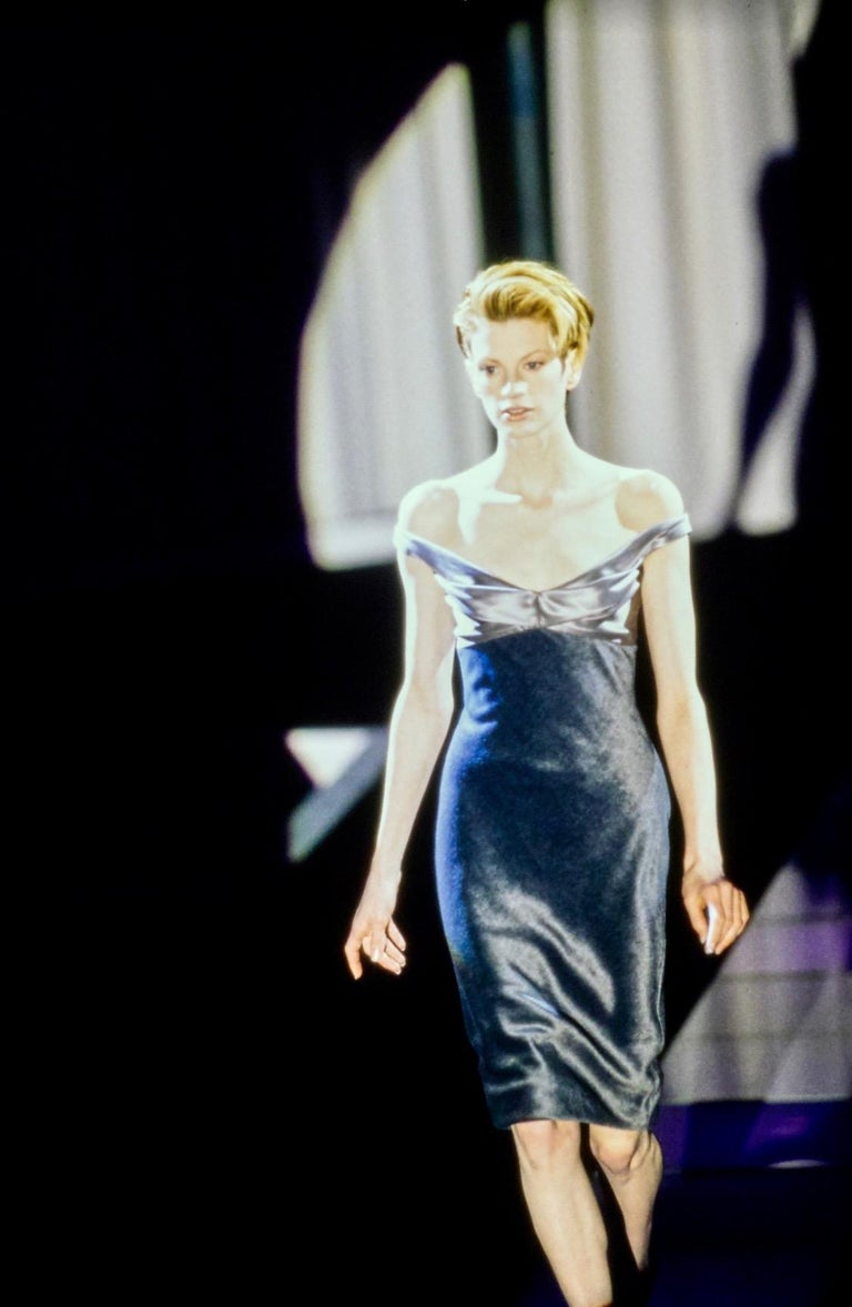 F/W 1995 Gianni Versace Runway Grey Satin Velvet Dress Rhinestone ...