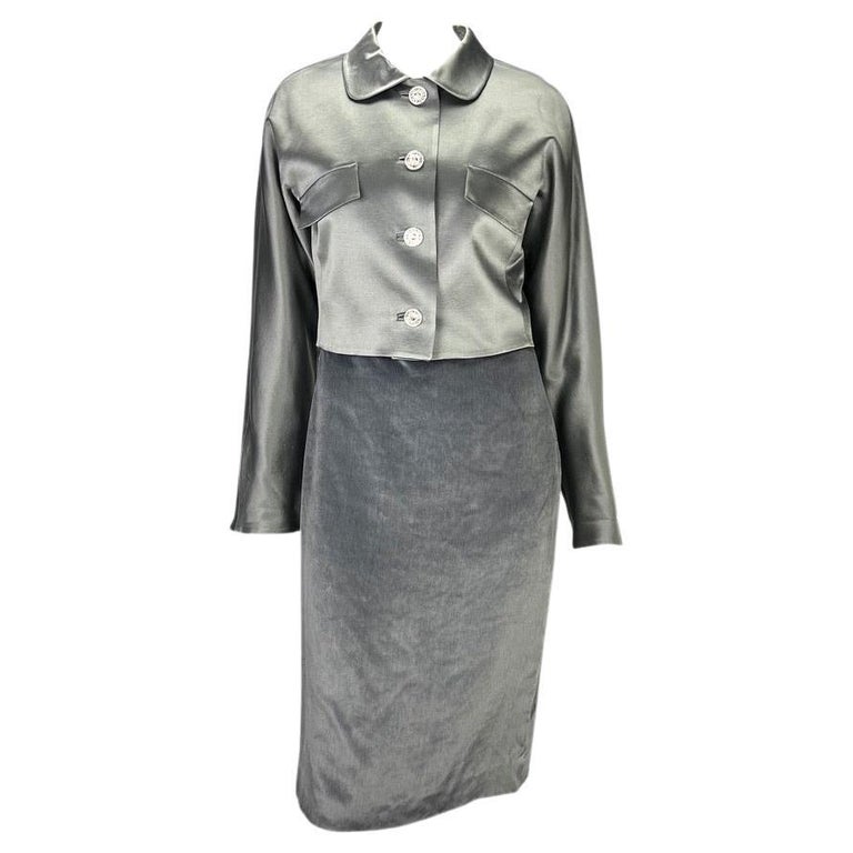 F/W 1995 Gianni Versace Runway Grey Satin Velvet Dress Rhinestone ...