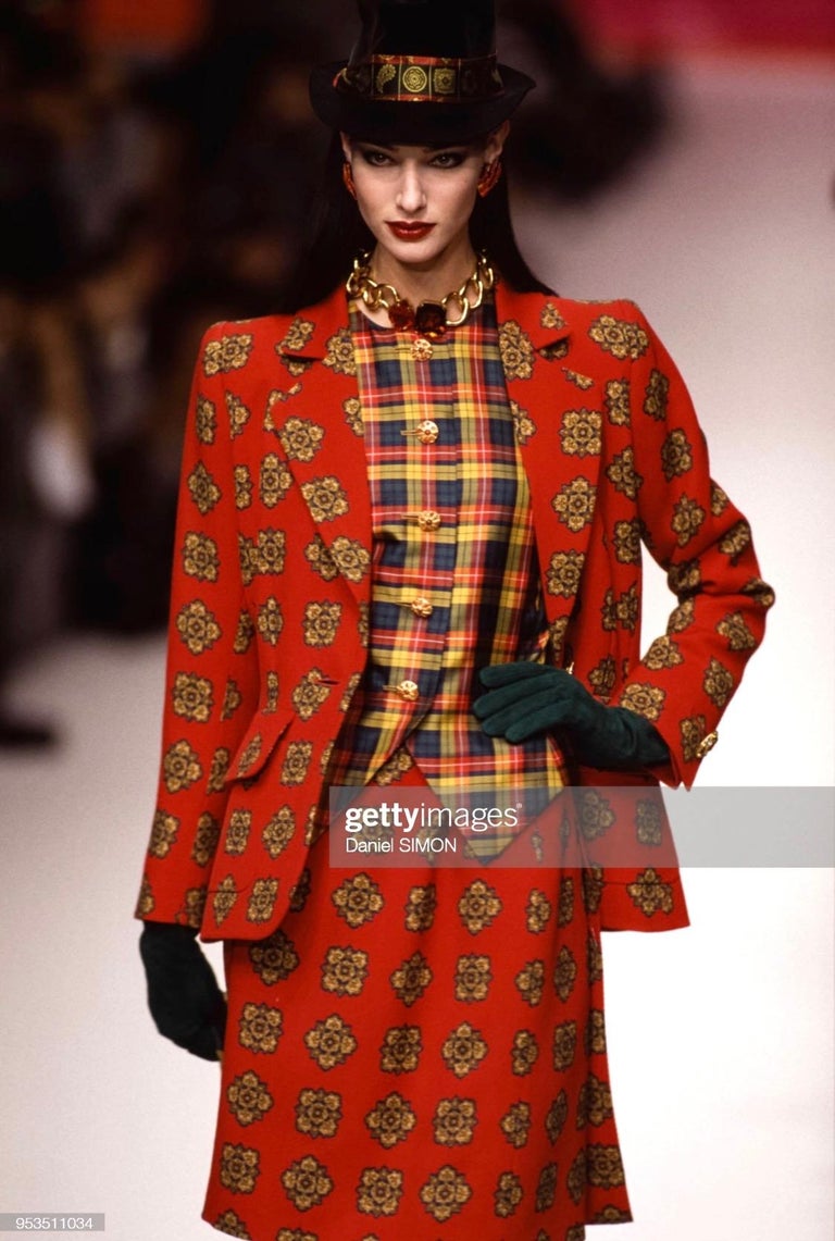 F/W 1995 Yves Saint Laurent Runway Red Yellow Check Silk Taffeta Blouse ...