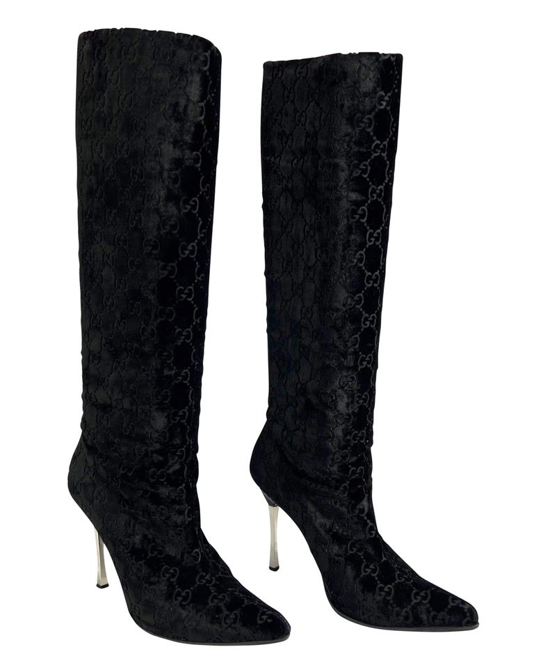 F/W 1997 Gucci by Tom Ford 'GG' Monogram Black Velvet Heel Boots Size 7 ...