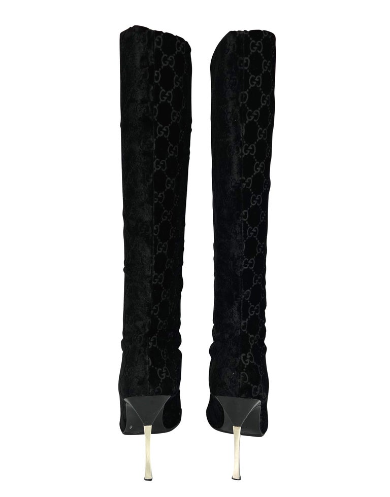 F/W 1997 Gucci by Tom Ford 'GG' Monogram Black Velvet Heel Boots Size 7 ...
