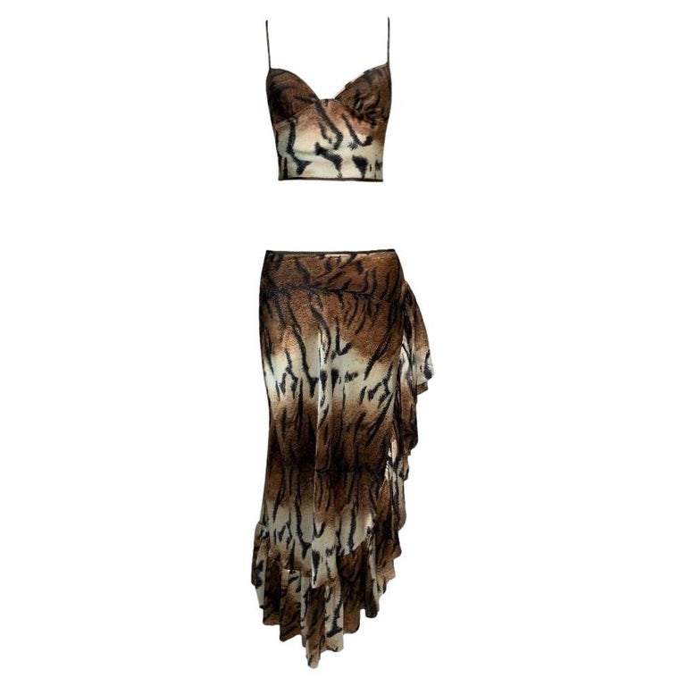 F/W 2000 Roberto Cavalli Silk Tiger Crop Top and High Slit Ruffle Maxi ...