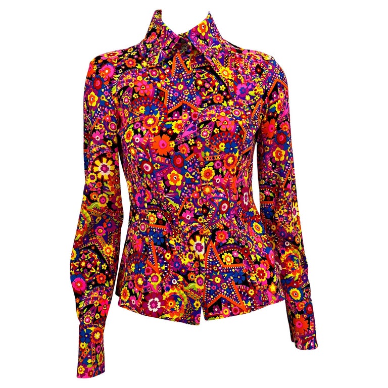 F/W 2002 Gianni Versace by Donatella Pink Psychedelic Silk Blend Button ...