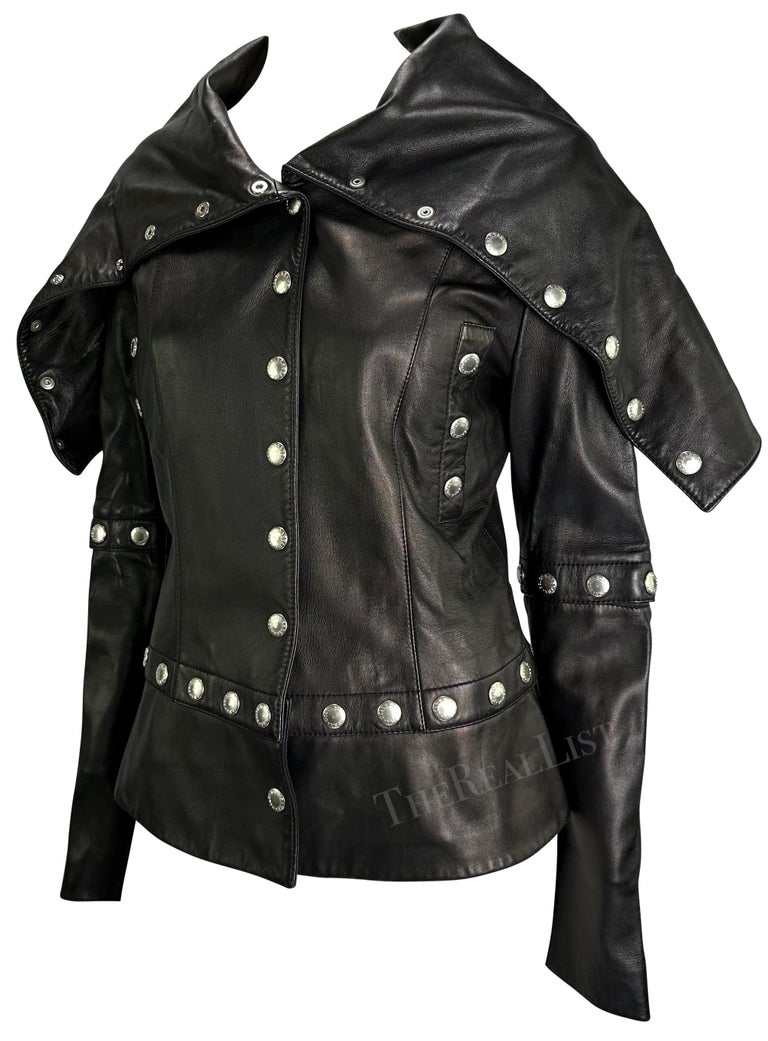 F/W 2003 Dolce and Gabbana Convertible Black Leather Logo Snap Jacket ...
