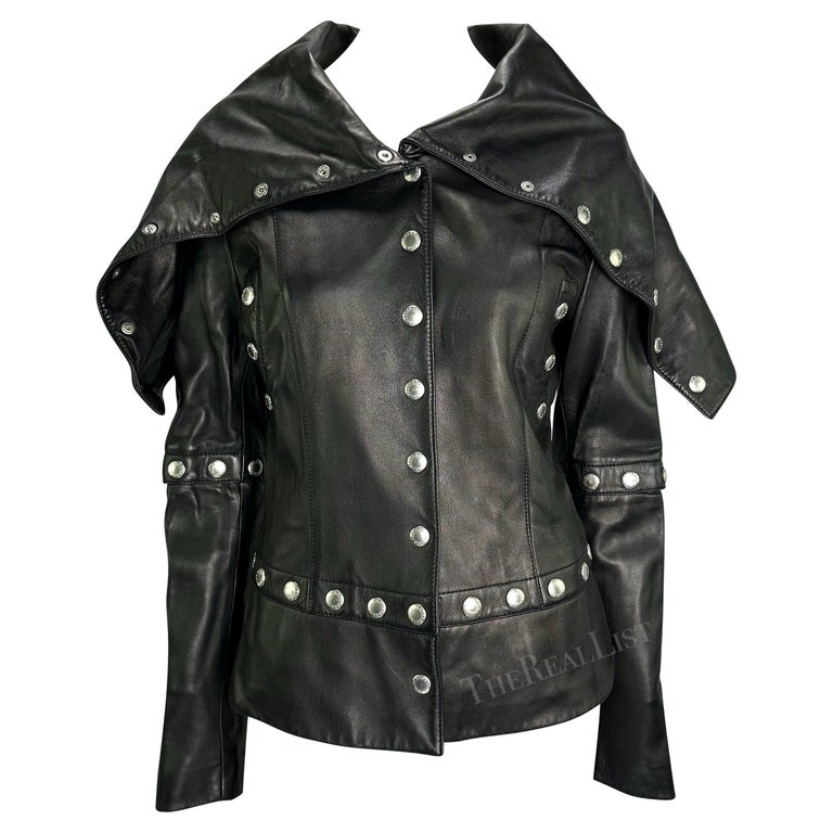 F/W 2003 Dolce and Gabbana Convertible Black Leather Logo Snap Jacket ...