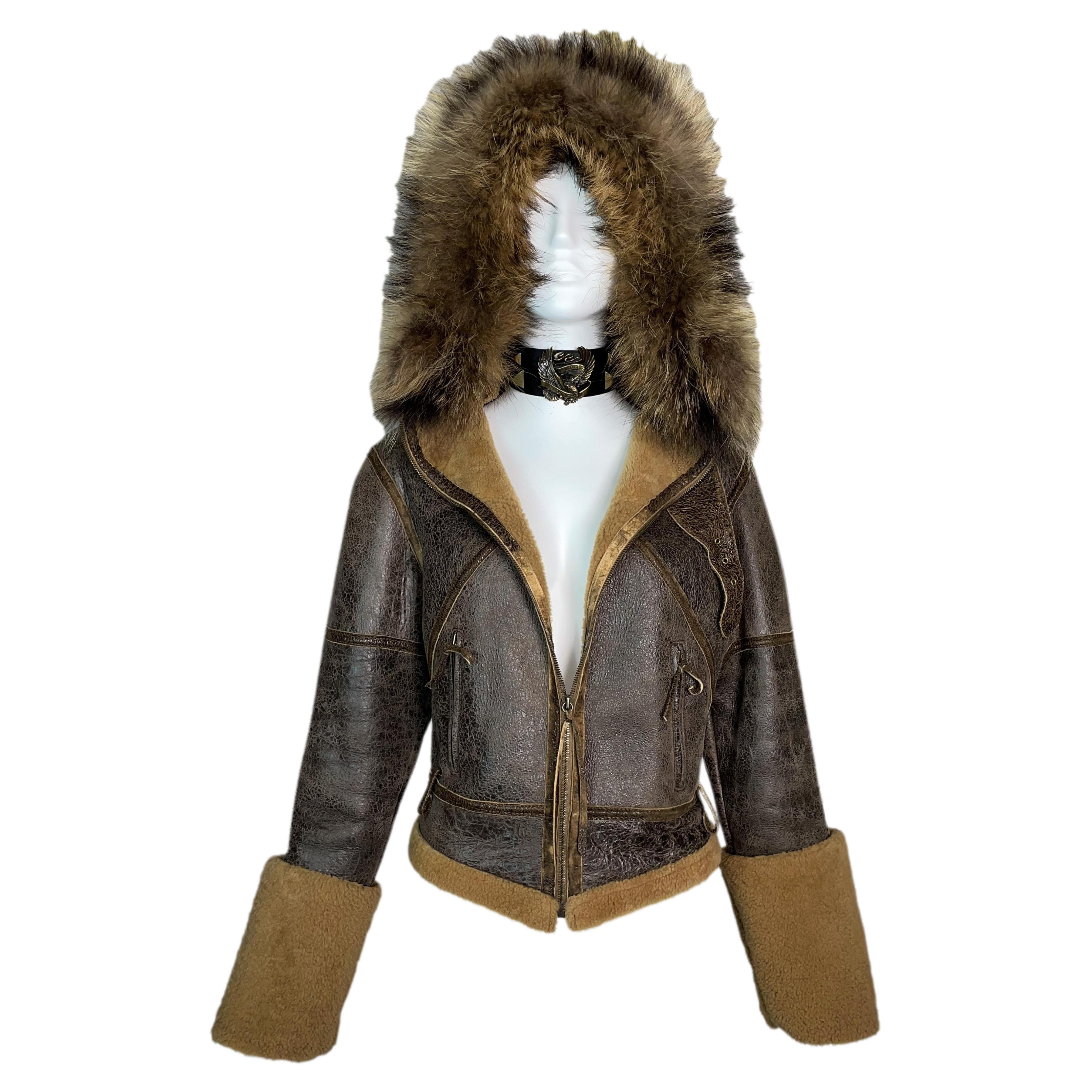 ROBERTO CAVALLI Just Cavalli A/W 2007 Tan Leather Genuine Fox Fur Moto ...