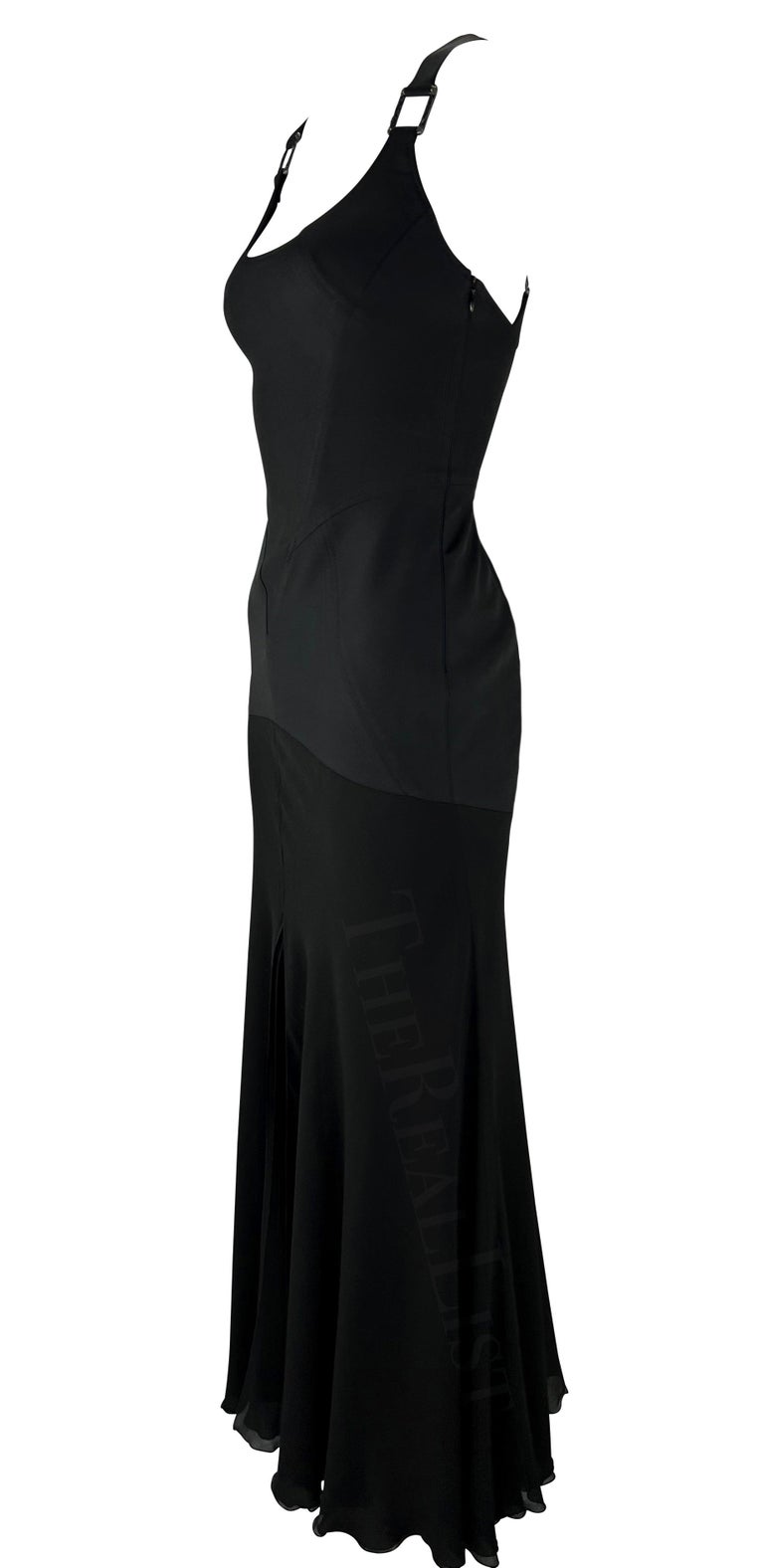 F/W 2003 Versace by Donatella Black Buckle Flare Slit Maxi Dress For ...