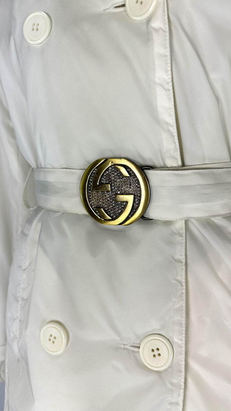 F/W 2004 Gucci by Tom Ford GG Rhinestone Buckle White Fur Trim Puffer ...