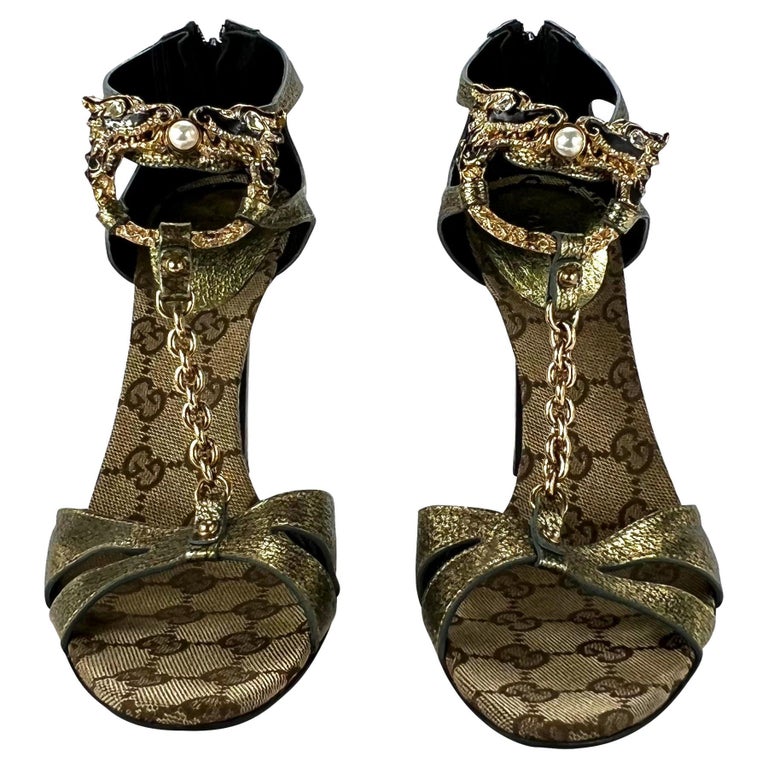 F/W 2004 Gucci Tom Ford Gold Rhinestone Dragon GG Monogram Logo Heels ...