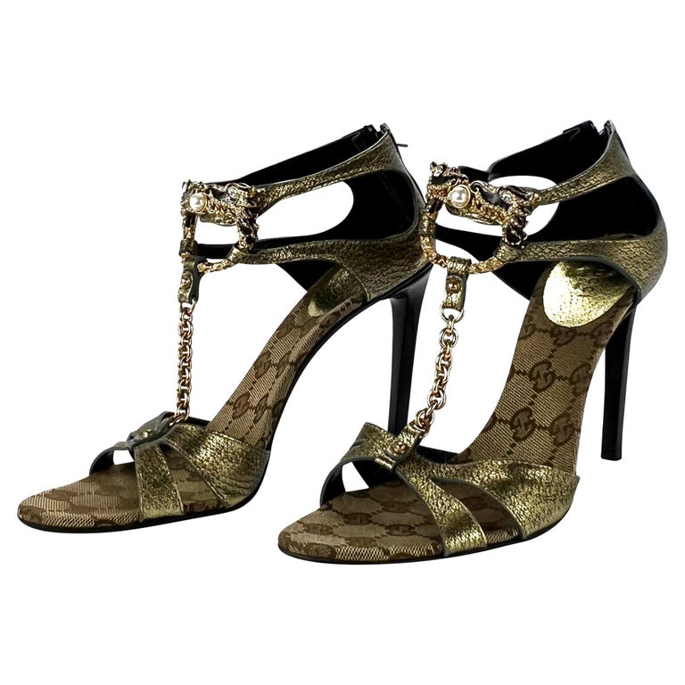 F/W 2004 Gucci Tom Ford Gold Rhinestone Dragon GG Monogram Logo Heels ...