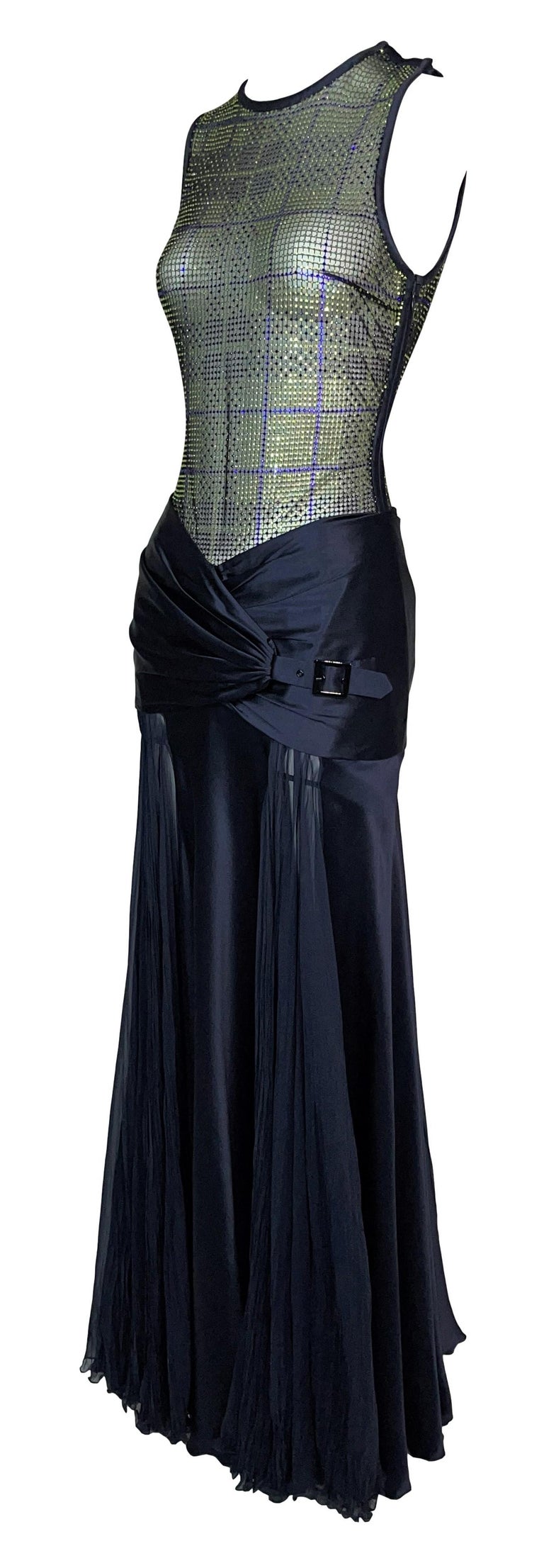 F/W 2004 Versace Runway Sheer Crystal Bodysuit and Navy Blue Long Skirt ...