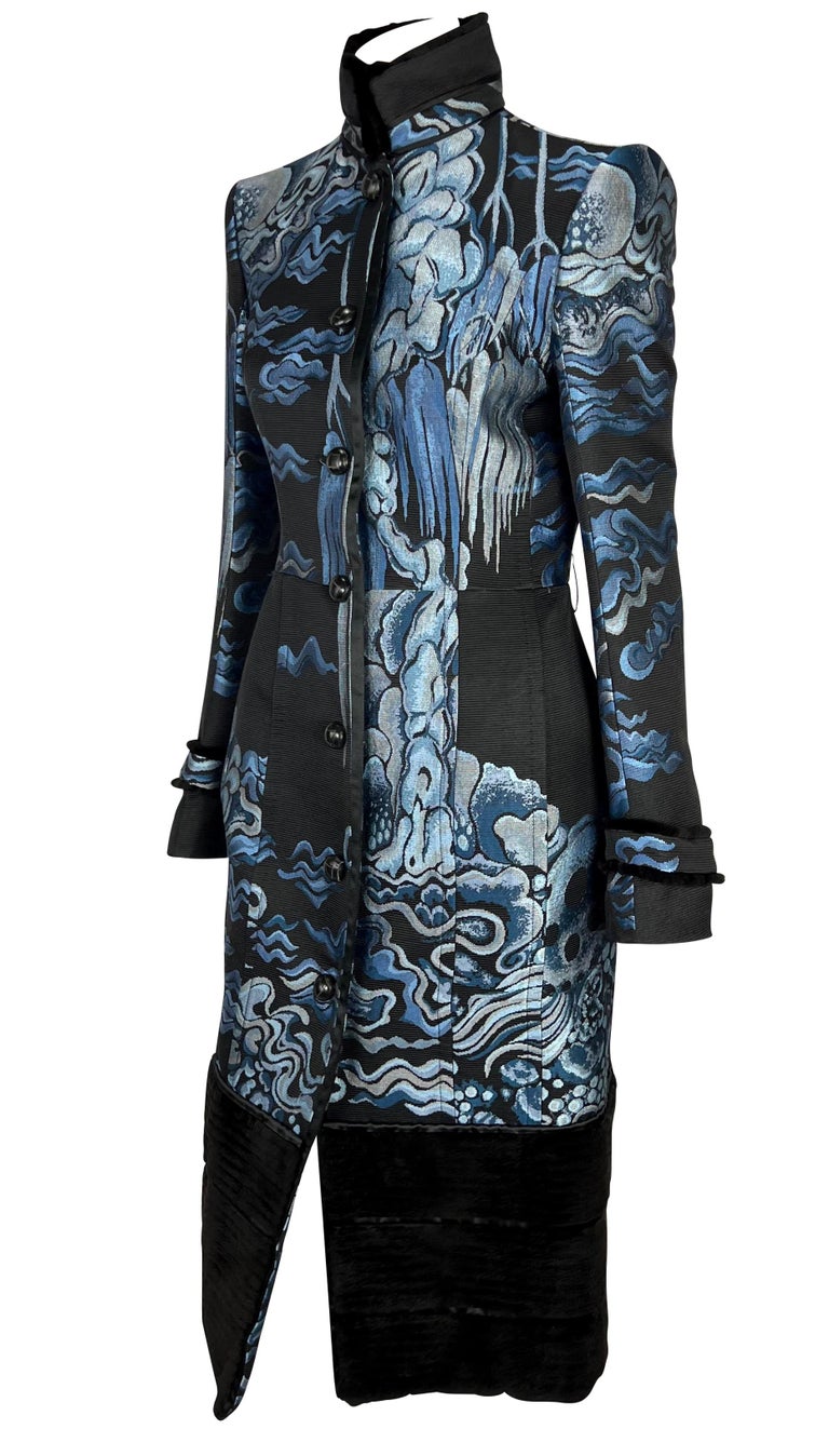 F/W 2004 Yves Saint Laurent by Tom Ford Blue Chinoiserie Weave Fur Trim ...