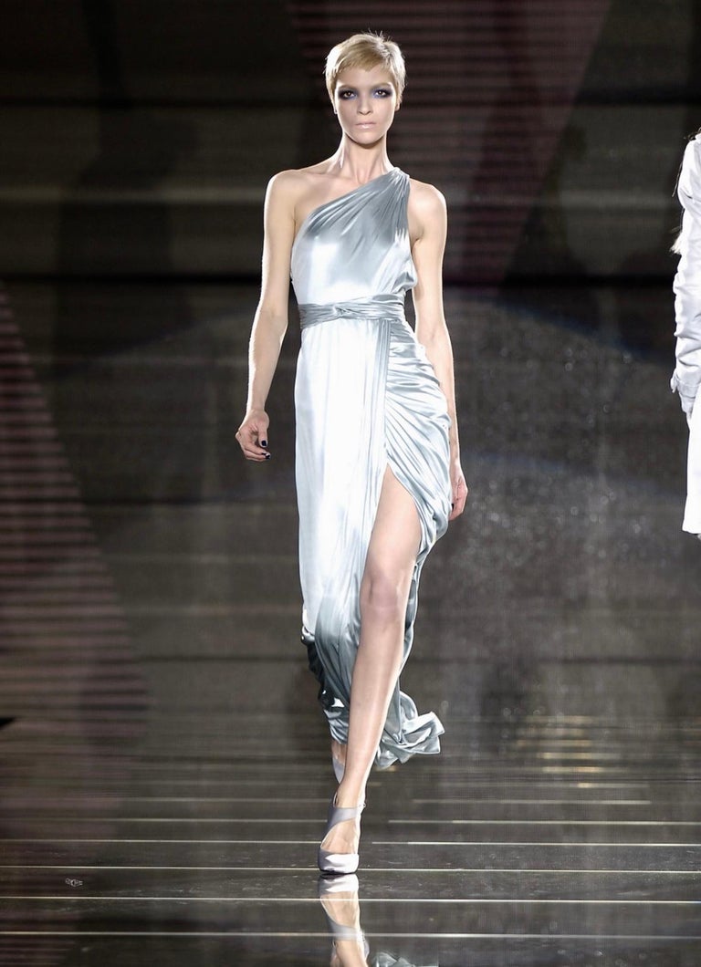 F/W 2006 Versace by Donatella Runway Ad Ruched Light Blue Stretch Slit ...