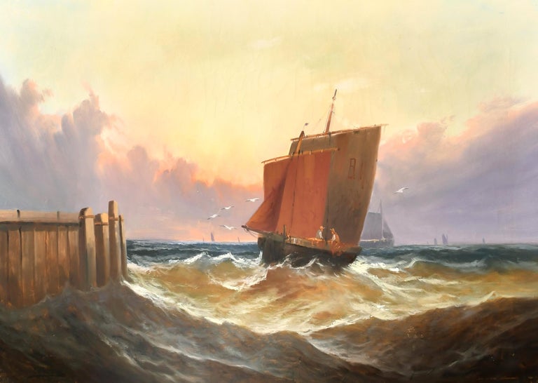 F. Walters - Homeward Bound - Large Marine Seascape at Sunset Antique ...