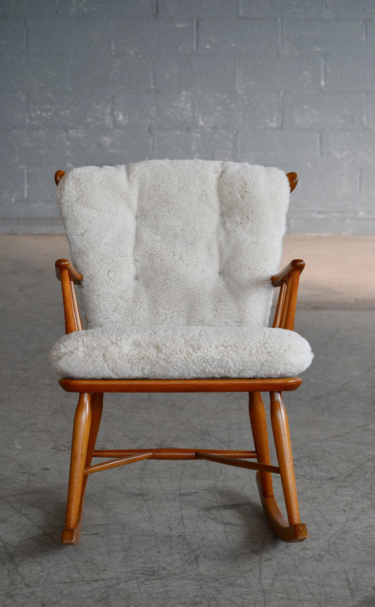 Faarstrup 1950 Low Backrest Spindle Back Rocking Chair with Shearling ...