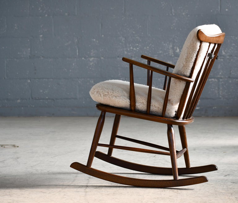 Faarstrup 1950 Low Backrest Spindle Back Rocking Chair with Shearling ...