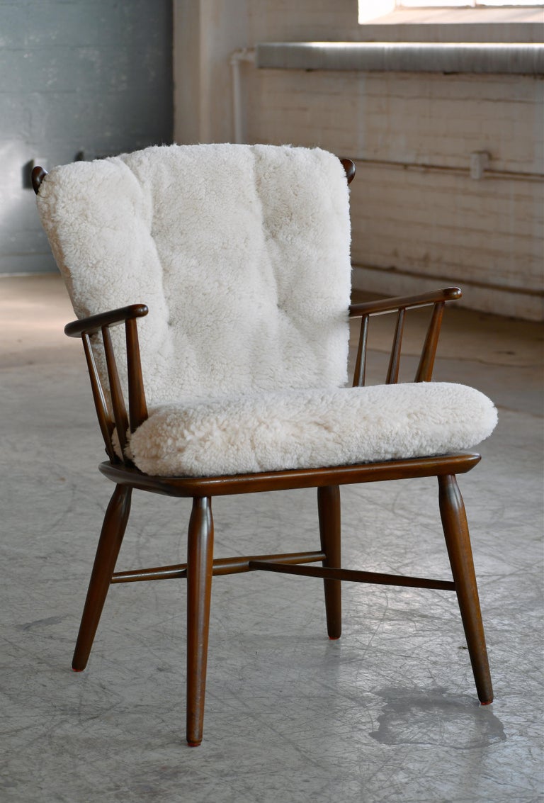 Faarstrup 1950's Low Spindle Back Chair with Shearling Cushions For ...