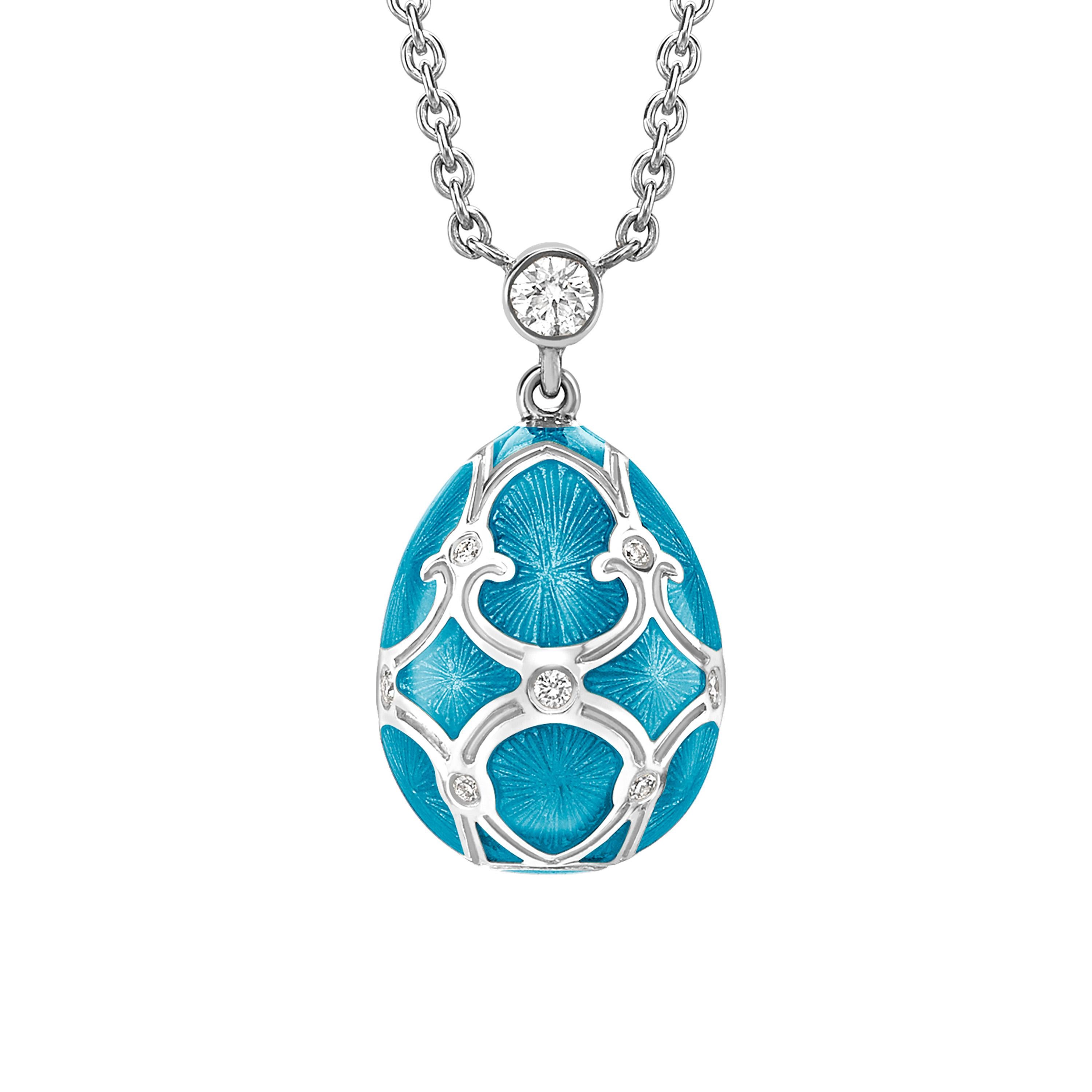 Fabergé 18 Karat White Gold and Teal Guilloché Enamel Small Egg Pendant For Sale at 1stDibs