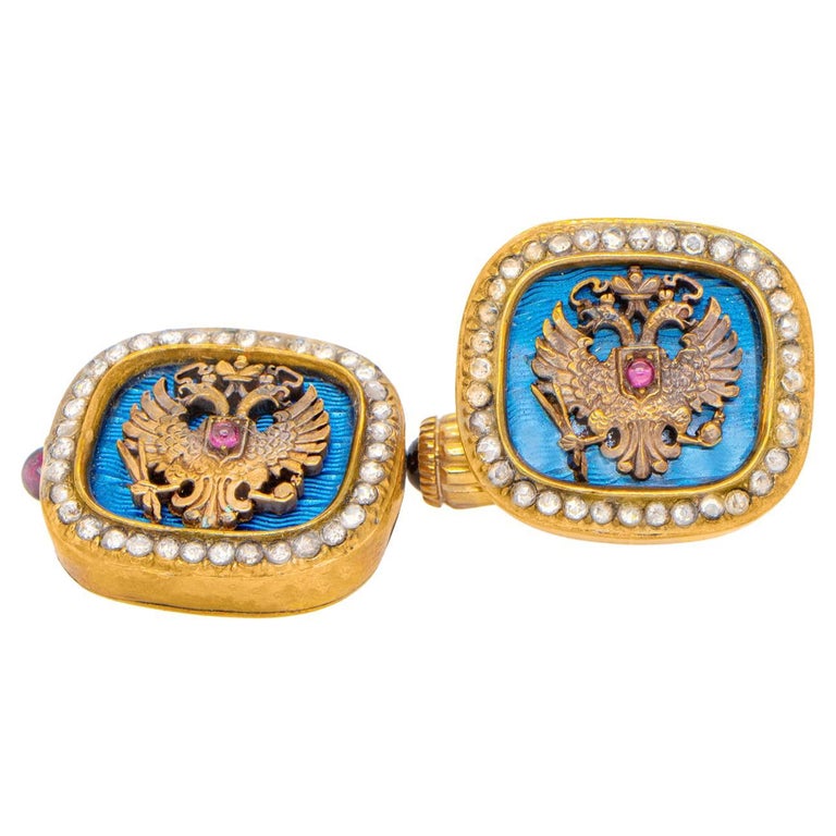 Faberge Cufflinks Set with Rose Cut Diamonds and Garnets 18K Gold ...