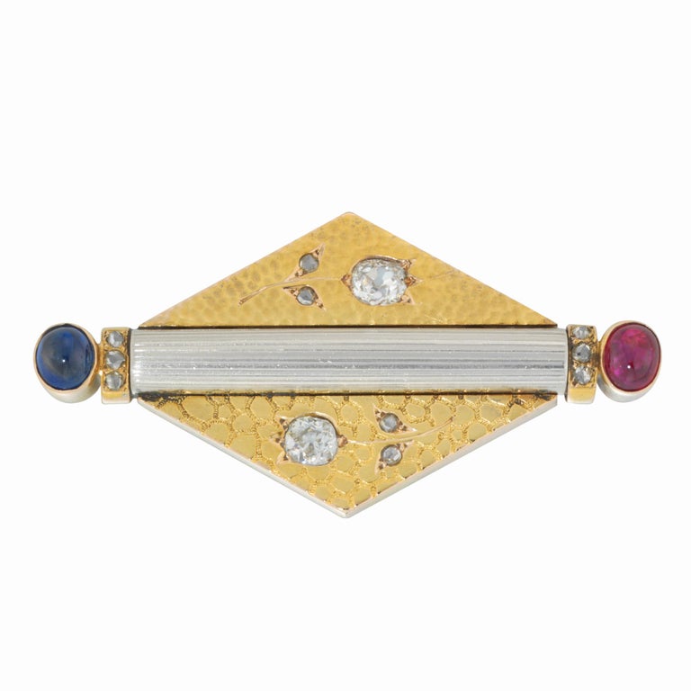 Faberge Ruby Sapphire Diamond Gold Lozenge-Shaped Brooch For Sale at ...