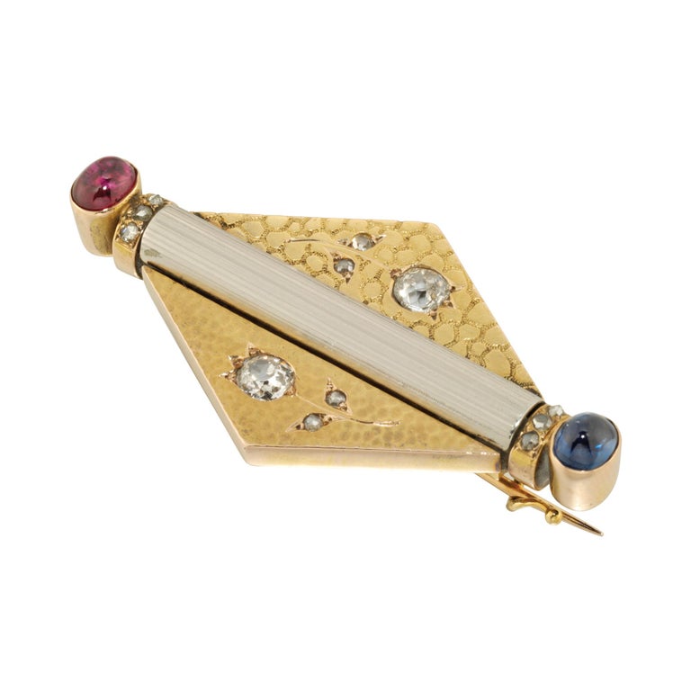 Faberge Ruby Sapphire Diamond Gold Lozenge-Shaped Brooch For Sale at ...