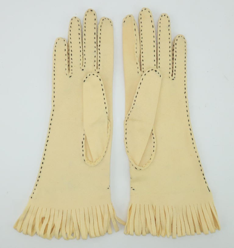 Fabric Western Style Gauntlet Gloves With Fringe Details, 1960's at 1stDibs