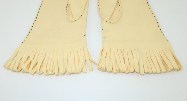 Fabric Western Style Gauntlet Gloves With Fringe Details, 1960's at 1stDibs