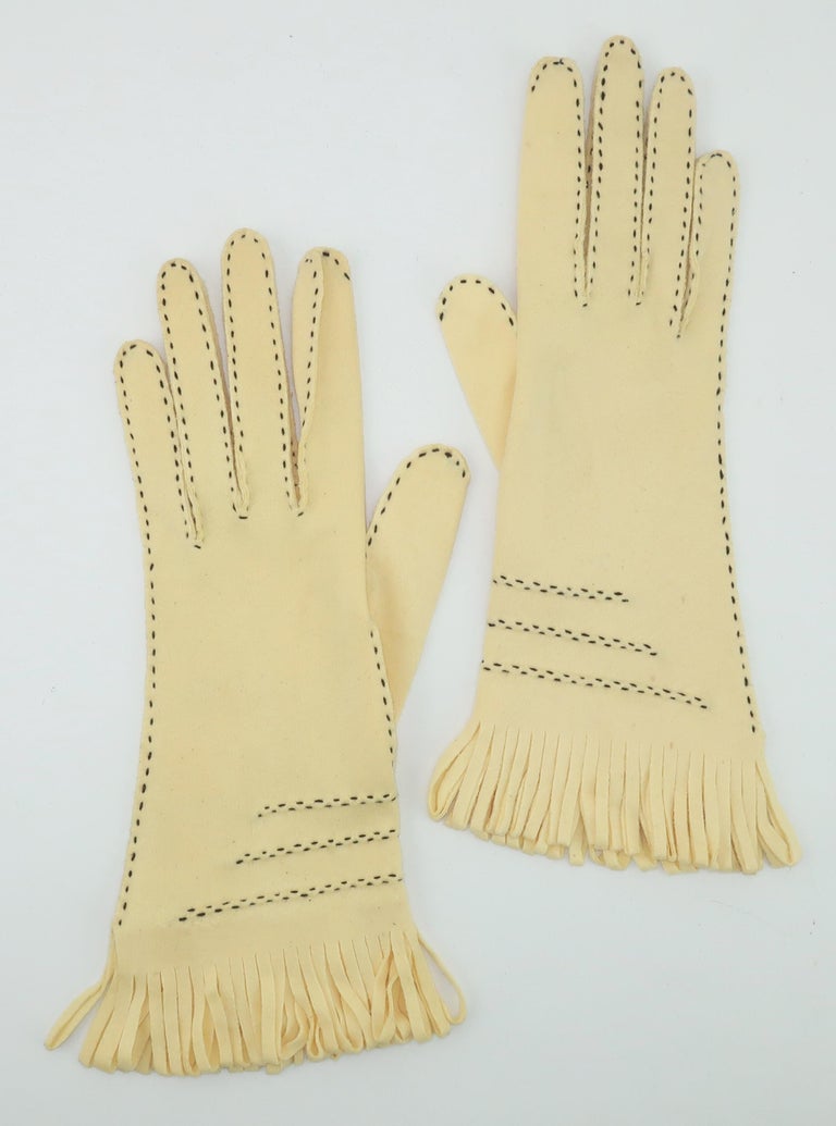 Fabric Western Style Gauntlet Gloves With Fringe Details, 1960's at 1stDibs