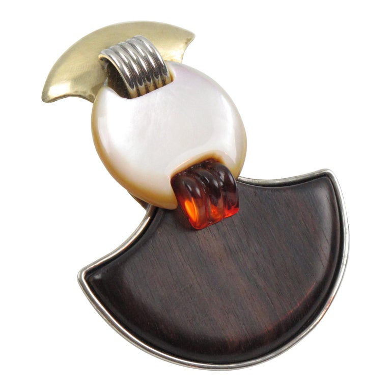 Fabrice Paris Art Deco Wood and SeaShell Pin Brooch For Sale at 1stDibs