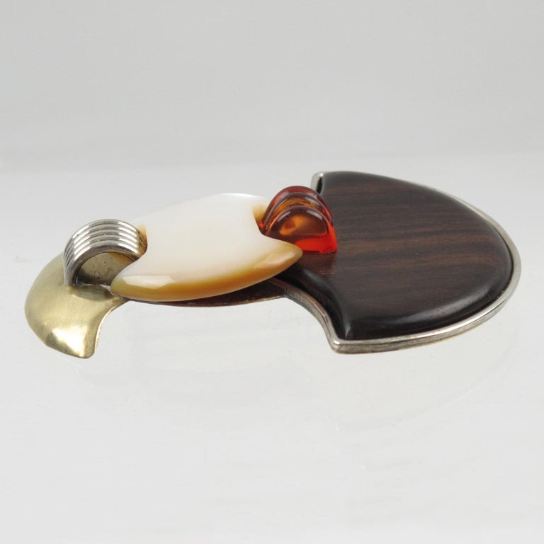 Fabrice Paris Art Deco Wood and SeaShell Pin Brooch For Sale at 1stDibs