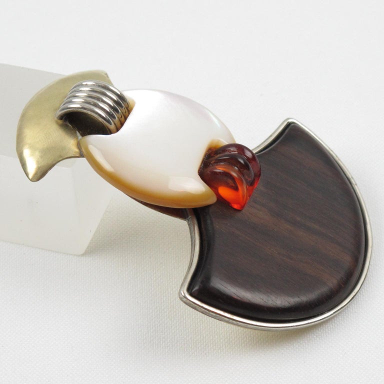 Fabrice Paris Art Deco Wood and SeaShell Pin Brooch For Sale at 1stDibs